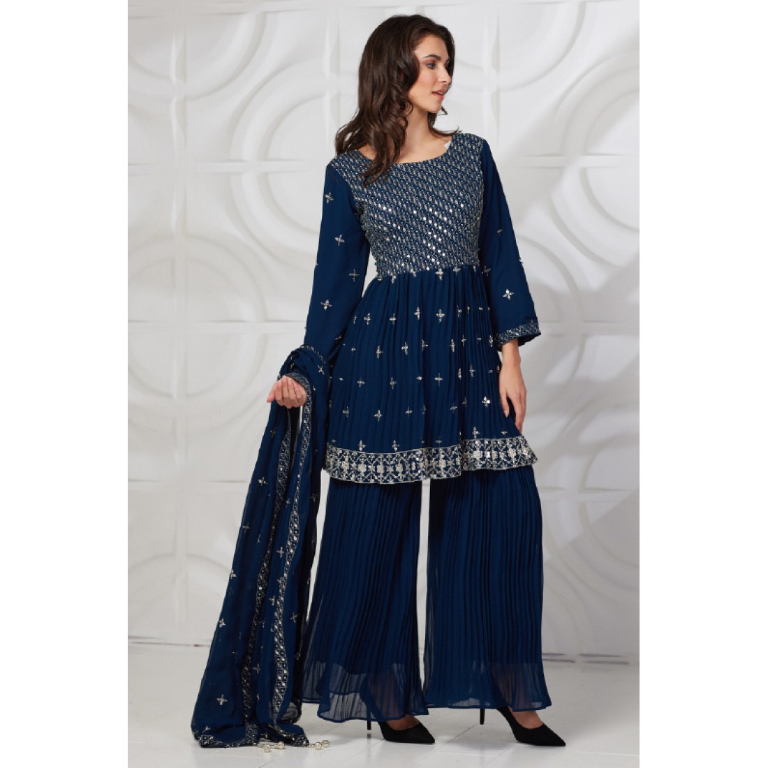 Teal Blue Sequin Party Style Layered Gharara Suit