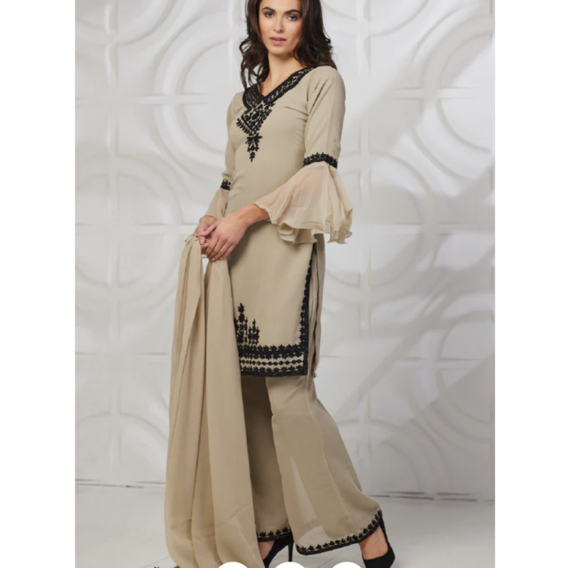 Fawn Black Embroidered Kameez and Capri Trouser Suit- Asiancouture.co.uk