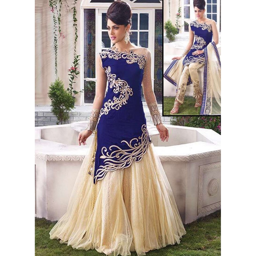 Blue and Gold ZOYA EMPRESS SPLASH VELVET LENGHAS DRESSES-